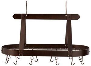 old dutch oval steel pot rack w. grid & 16 hooks, oiled bronze, 36″ x 19″ x 15.5″