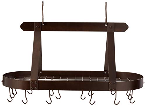 Old Dutch Oval Steel Pot Rack w. Grid & 16 Hooks, Oiled Bronze, 36" x 19" x 15.5"