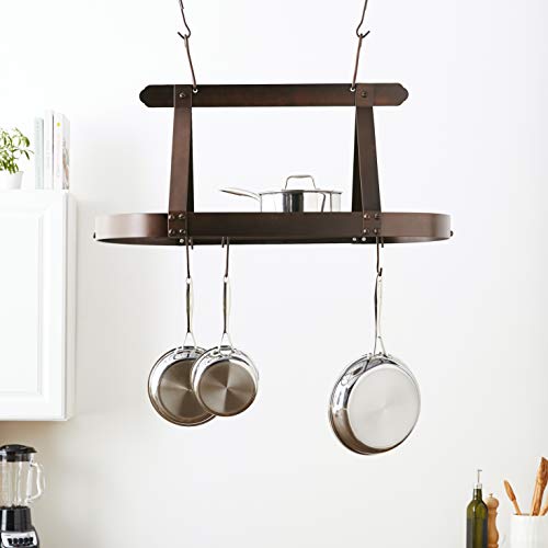 Old Dutch Oval Steel Pot Rack w. Grid & 16 Hooks, Oiled Bronze, 36" x 19" x 15.5"