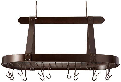 Old Dutch Oval Steel Pot Rack w. Grid & 16 Hooks, Oiled Bronze, 36" x 19" x 15.5"