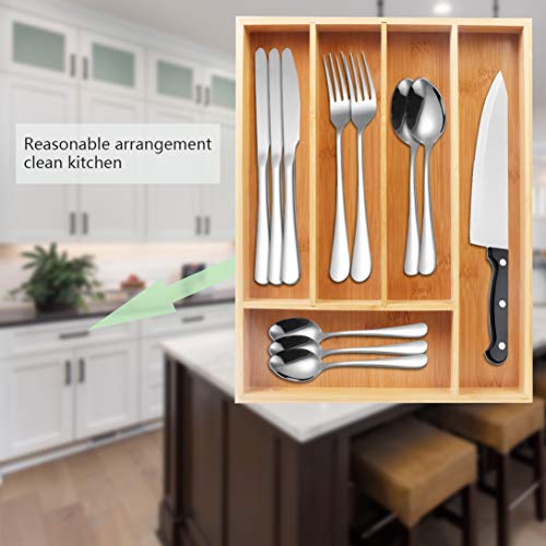 KAKUNM Kitchen Utensil Drawer Organizer Bamboo Silverware Organizer 13Inches Utensil Holder for Drawers Silverware Tray with 2pcs Insulation Pads ,Makeup Desk,Office,Living Room