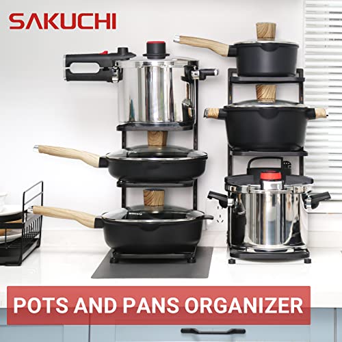 Sakuchi Pots and Pans Organizer for Cabinet, 3 Tiers Heavy-Duty Pot and Pan Rack for Kitchen Organization, Height Adjustable and Space Saving Pot Organizer, Black