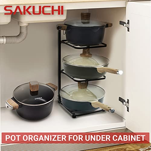 Sakuchi Pots and Pans Organizer for Cabinet, 3 Tiers Heavy-Duty Pot and Pan Rack for Kitchen Organization, Height Adjustable and Space Saving Pot Organizer, Black