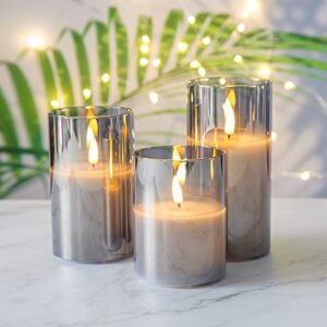 Eywamage Glass Flameless Candles with Remote Battery Operated Flickering LED Pillar Candles Real Wax Wick 3 Pack D 3" H 4" 5" 6" Grey