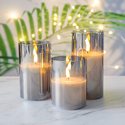 Eywamage Glass Flameless Candles with Remote Battery Operated Flickering LED Pillar Candles Real Wax Wick 3 Pack D 3" H 4" 5" 6" Grey