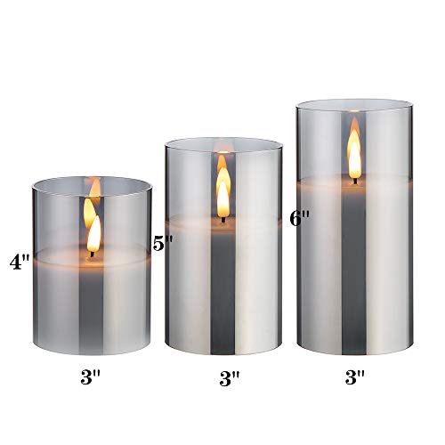 Eywamage Glass Flameless Candles with Remote Battery Operated Flickering LED Pillar Candles Real Wax Wick 3 Pack D 3" H 4" 5" 6" Grey