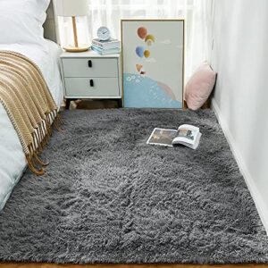 ophanie rugs for bedroom living room, 4×5.3 area rug grey fluffy fuzzy soft plush shaggy large bedside carpet, big indoor floor rug for kids girls boys home decor aesthetic, dorm nursery gray