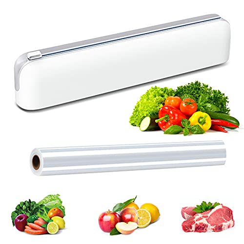 Refillable Plastic Wrap Dispenser, Cling Wrap Dispenser with Slide Cutter, Reusable Plastic Food Wrap Dispenser, Foil and Cling Film Dispenser with Cutter, 1 Roll 12" x 200ft Plastic Wrap Included