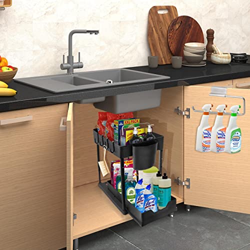 2 Pack Under Sink Organizer, 2 Tier Stretchable Under Sliding Kitchen Bathroom Cabinet Organizers and Storage Shelf with Over The Door Paper Towel Holder, Hooks, Hanging Cup, Black Under Sink Storage