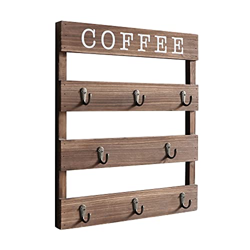 EMAISON Solid Wood Coffee Mug Holder Wall Mounted, Rustic Cup Rack with 8 Hooks Large Space for Big Cups for Kitchen, Home, Coffee Bar Station (Brown)