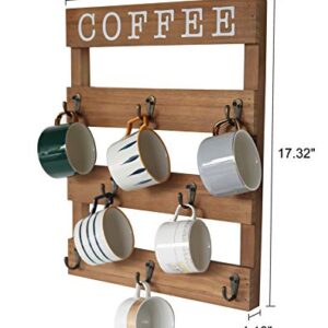 EMAISON Solid Wood Coffee Mug Holder Wall Mounted, Rustic Cup Rack with 8 Hooks Large Space for Big Cups for Kitchen, Home, Coffee Bar Station (Brown)