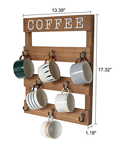 EMAISON Solid Wood Coffee Mug Holder Wall Mounted, Rustic Cup Rack with 8 Hooks Large Space for Big Cups for Kitchen, Home, Coffee Bar Station (Brown)