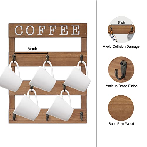 EMAISON Solid Wood Coffee Mug Holder Wall Mounted, Rustic Cup Rack with 8 Hooks Large Space for Big Cups for Kitchen, Home, Coffee Bar Station (Brown)