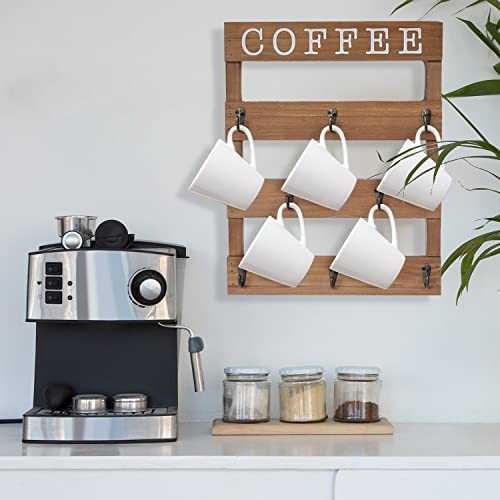 EMAISON Solid Wood Coffee Mug Holder Wall Mounted, Rustic Cup Rack with 8 Hooks Large Space for Big Cups for Kitchen, Home, Coffee Bar Station (Brown)