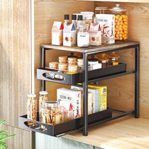 Under Sink Organizers and Storage, 2-Tier Sliding Under Bathroom Cabinet Storage Drawer Organizer with Solid Rustic Wood Top, Multi-purpose Under Sink Shelf Organizer for Home, Kitchen, Bathroom