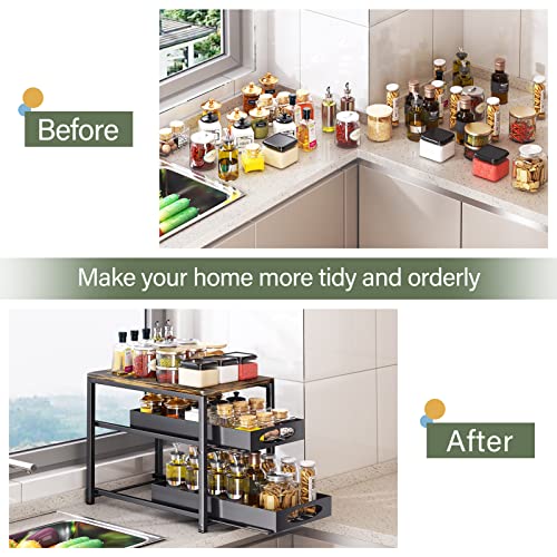 Under Sink Organizers and Storage, 2-Tier Sliding Under Bathroom Cabinet Storage Drawer Organizer with Solid Rustic Wood Top, Multi-purpose Under Sink Shelf Organizer for Home, Kitchen, Bathroom