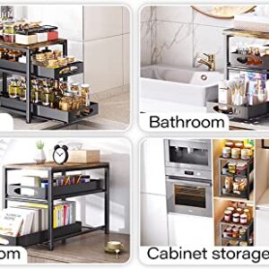 Under Sink Organizers and Storage, 2-Tier Sliding Under Bathroom Cabinet Storage Drawer Organizer with Solid Rustic Wood Top, Multi-purpose Under Sink Shelf Organizer for Home, Kitchen, Bathroom