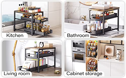 Under Sink Organizers and Storage, 2-Tier Sliding Under Bathroom Cabinet Storage Drawer Organizer with Solid Rustic Wood Top, Multi-purpose Under Sink Shelf Organizer for Home, Kitchen, Bathroom