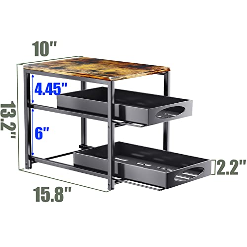 Under Sink Organizers and Storage, 2-Tier Sliding Under Bathroom Cabinet Storage Drawer Organizer with Solid Rustic Wood Top, Multi-purpose Under Sink Shelf Organizer for Home, Kitchen, Bathroom