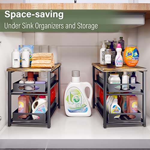 Under Sink Organizers and Storage, 2-Tier Sliding Under Bathroom Cabinet Storage Drawer Organizer with Solid Rustic Wood Top, Multi-purpose Under Sink Shelf Organizer for Home, Kitchen, Bathroom