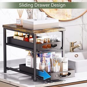 Under Sink Organizers and Storage, 2-Tier Sliding Under Bathroom Cabinet Storage Drawer Organizer with Solid Rustic Wood Top, Multi-purpose Under Sink Shelf Organizer for Home, Kitchen, Bathroom