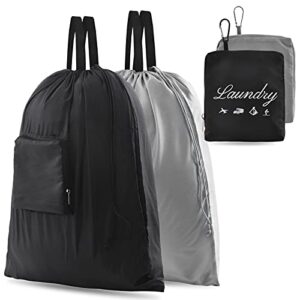 2 pcs travel laundry bag, jhx dirty clothes bag 【upgraded】 with handles and aluminum carabiner, collapsible laundry bag for travel, camp, fitness, and students (black&grey) 24″l x 21″w