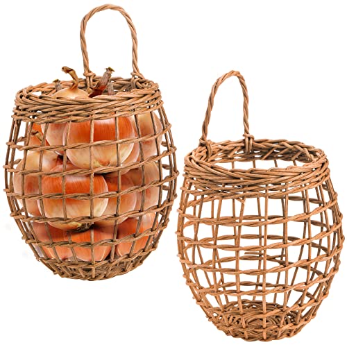 Elsjoy Set of 2 Wall Hanging Onion Basket, Wicker Woven Basket Handmade Rattan Basket, Fruits and Veggies Storage Basket for Pantry, Kitchen, Garden