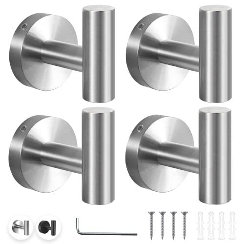 Budding Joy Towel Hooks for Bathrooms 4 Pack Brushed Nickel Towel Hook Coat Hooks Wall Mounted SUS304 Stainless Steel Wall Hook Robe Hook Towel Hanger for Bathroom Kitchen Hotel Garage Heavy Duty