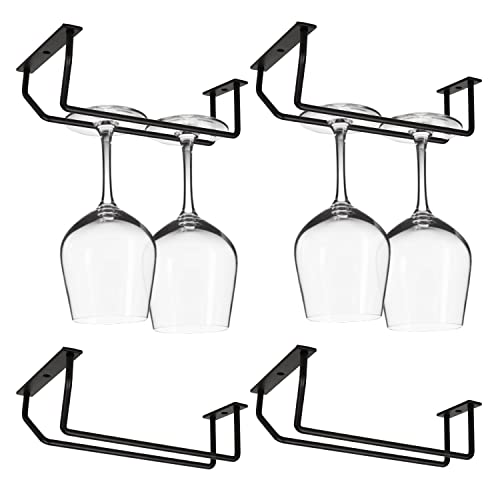 Yimerlen 7 Inch Long Single Rail Wine Glass Rack Under Cabinet Cupboard, Metal Stemware Holder Wine Glass Holder Wine Glass Hanger for RV Mini Bar Kitchen Storage (Black- 4 Pack)