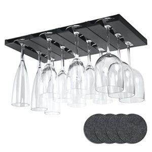 ptbeenta plastic wine glass rack, no drilling wine glasses holder under shelf & cabinet, hanging stemware rack organizer hanger for bar cabinet kitchen, 4 pack, black, 4 coasters included