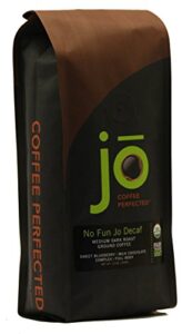 no fun jo decaf: 12 oz, organic decaf ground coffee, swiss water process, fair trade certified, medium dark roast, 100% arabica coffee, usda certified organic, non-gmo, chemical & gluten free