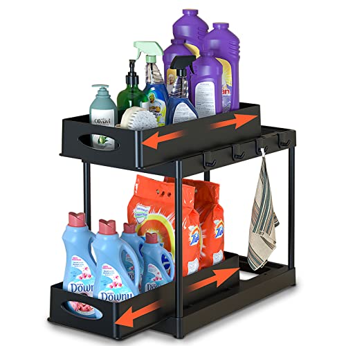 EOX 2-Tier Under Bathroom Sink Organizers and Storage with 2 Sliding Storage Drawer, Pull Out Kitchen Organization, Bathroom Organizer with 4 Hooks, Under Sink Shelf Under Cabinet Organizer, Black