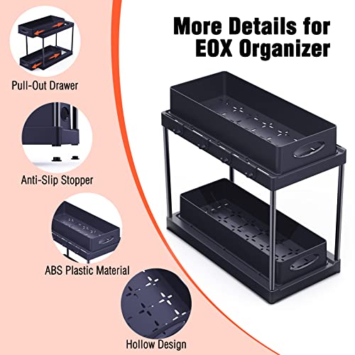 EOX 2-Tier Under Bathroom Sink Organizers and Storage with 2 Sliding Storage Drawer, Pull Out Kitchen Organization, Bathroom Organizer with 4 Hooks, Under Sink Shelf Under Cabinet Organizer, Black