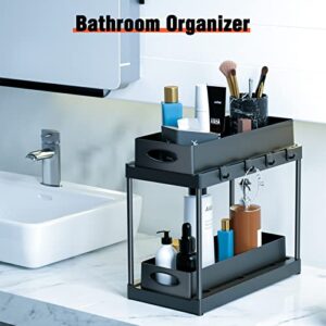 EOX 2-Tier Under Bathroom Sink Organizers and Storage with 2 Sliding Storage Drawer, Pull Out Kitchen Organization, Bathroom Organizer with 4 Hooks, Under Sink Shelf Under Cabinet Organizer, Black