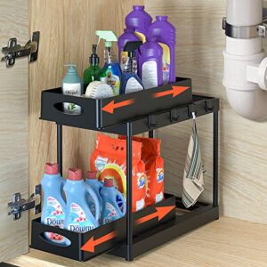 EOX 2-Tier Under Bathroom Sink Organizers and Storage with 2 Sliding Storage Drawer, Pull Out Kitchen Organization, Bathroom Organizer with 4 Hooks, Under Sink Shelf Under Cabinet Organizer, Black