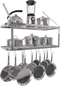 vdomus hanging pot and pan rack – wall mounted hanging pot rack for kitchen storage and organization – silver 2-tier wall shelf for pots and pans storage