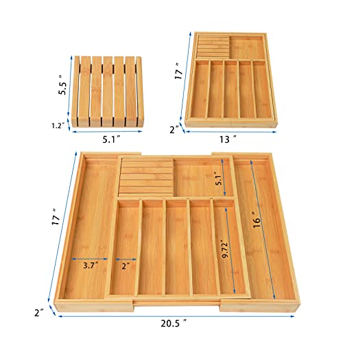 Expandable Bamboo Kitchen Drawer Organizer, Wencrfat Silverware Drawer Organizer with Removable Knife Block and Dividers, Flatware Utensil Cutlery Organizer for Drawer Tray(6-8 Slots)