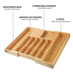 Expandable Bamboo Kitchen Drawer Organizer, Wencrfat Silverware Drawer Organizer with Removable Knife Block and Dividers, Flatware Utensil Cutlery Organizer for Drawer Tray(6-8 Slots)