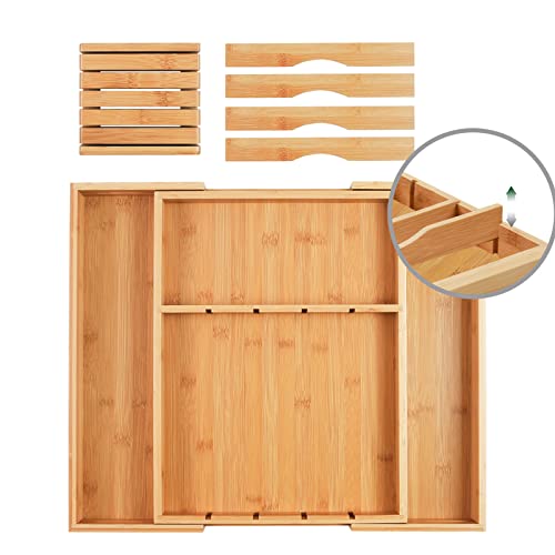 Expandable Bamboo Kitchen Drawer Organizer, Wencrfat Silverware Drawer Organizer with Removable Knife Block and Dividers, Flatware Utensil Cutlery Organizer for Drawer Tray(6-8 Slots)