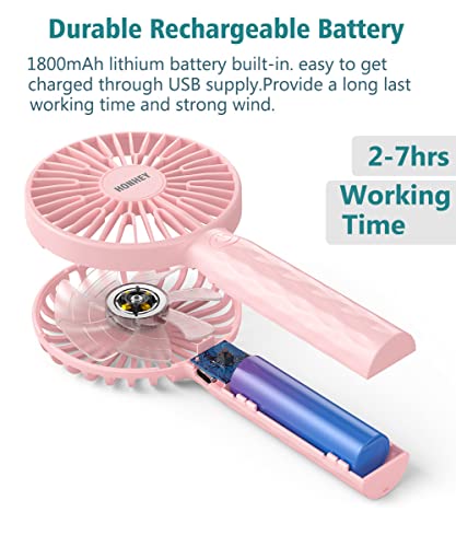 HonHey Handheld Fan Super Mini Personal Fan with Rechargeable Battery Operated and 3 Adjustable Speed Portable Hand Held Fan Eyelash Fan for Girls Women Kids Outdoor Travelling Indoor Office Home (pink)