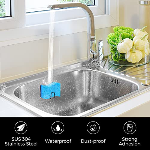 YOGINGO 4 Pack Sponge Holder for Kitchen Sink Strong Adhesive Sink Sponge Holder Premium SUS304 Stainless Steel Kitchen Sink Caddy Rustproof & Waterproof Kitchen Sink Organizer Quick Drying Holder