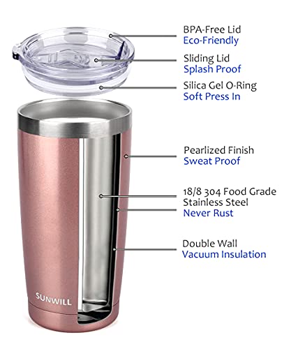 SUNWILL 20oz Tumbler with Lid, Stainless Steel Vacuum Insulated Double Wall Travel Tumbler, Durable Insulated Coffee Mug, Rose Gold, Thermal Cup with Splash Proof Sliding Lid