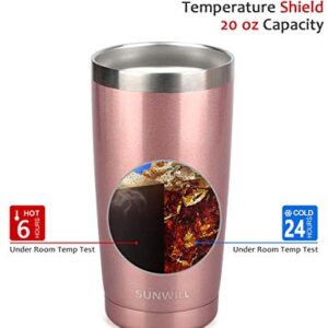 SUNWILL 20oz Tumbler with Lid, Stainless Steel Vacuum Insulated Double Wall Travel Tumbler, Durable Insulated Coffee Mug, Rose Gold, Thermal Cup with Splash Proof Sliding Lid