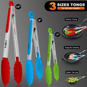 Walfos Silicone Tongs for Cooking - Heat Resistant kitchen tongs for Salad,Cooking, Grilling,Stainless Steel and BPA Free Silicone Tips set of 3 (7" 9" and 12 inch)