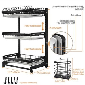 X-cosrack Dish Drying Rack Stainless Steel Dish Drainer with Drainboard Utensil Holder for Plates Bowls for Kitchen Countertop, Detachable, 3 Tier, Black