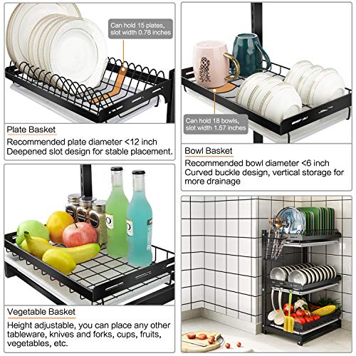 X-cosrack Dish Drying Rack Stainless Steel Dish Drainer with Drainboard Utensil Holder for Plates Bowls for Kitchen Countertop, Detachable, 3 Tier, Black