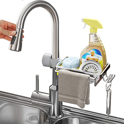 SIMCAS Sponge Holder, 2023 Upgraded NeverRust Sponge Holder for Kitchen Sink Caddy Organizer, Brush, Dishcloth, Over the Sink Faucet Sponge Holder Drain Rack for Kitchen & RV Accessory, Hooks, Silver