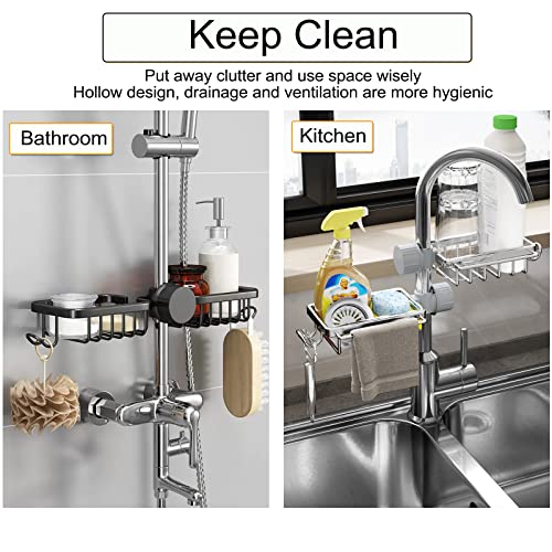 SIMCAS Sponge Holder, 2023 Upgraded NeverRust Sponge Holder for Kitchen Sink Caddy Organizer, Brush, Dishcloth, Over the Sink Faucet Sponge Holder Drain Rack for Kitchen & RV Accessory, Hooks, Silver