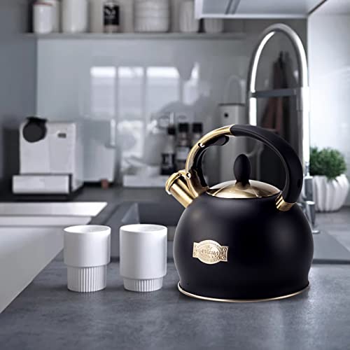 SUSTEAS Stove Top Whistling Tea Kettle-Surgical Stainless Steel Teakettle Teapot with Cool Touch Ergonomic Handle,1 Free Silicone Pinch Mitt Included,2.64 Quart(BLACK)