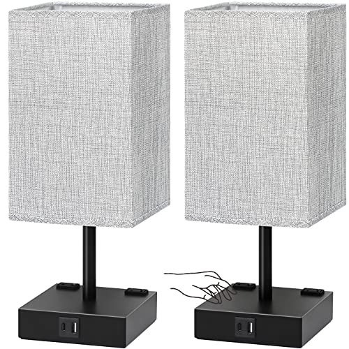 Touch Control Table Lamps Set of 2 - Nightstand Lamp for Bedroom with USB C+A Charging Ports & AC Outlets, 3-Way Dimmable Bedside Lamp Grey Fabric Shade for Bedroom Living Room, Office(Bulb Included)